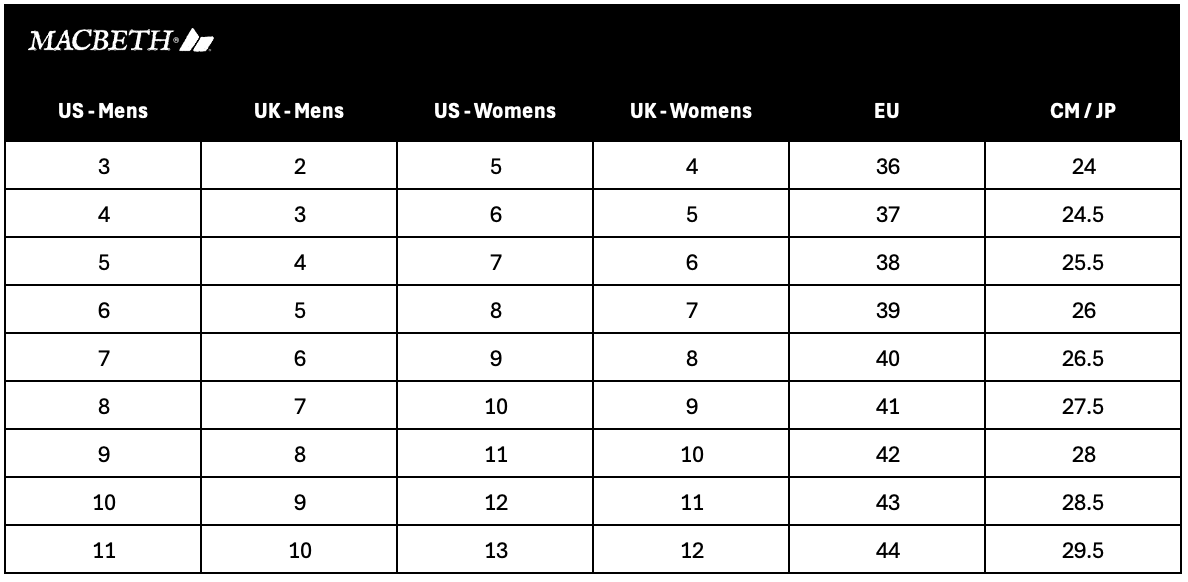 Macbeth Sizing Chart – Macbeth Global